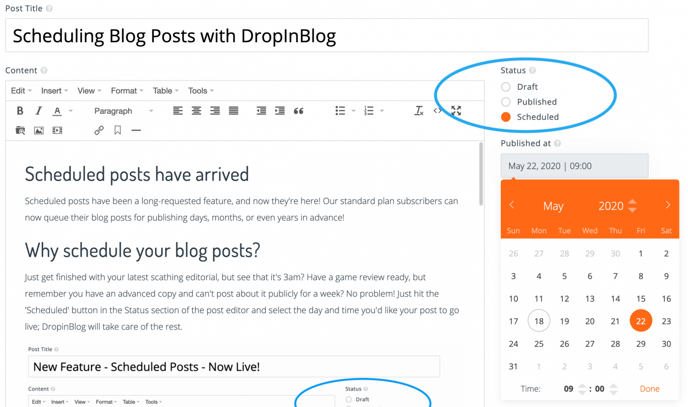 Scheduling Blog Posts with DropInBlog